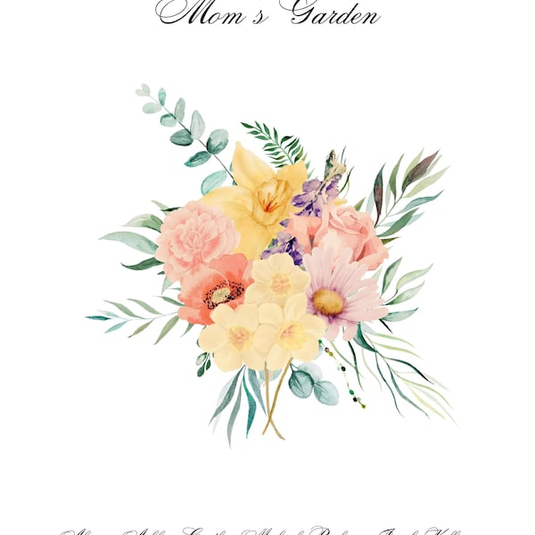 Family Birth Flower Bouquet, Custom Flower Art, Vintage Floral Family ...