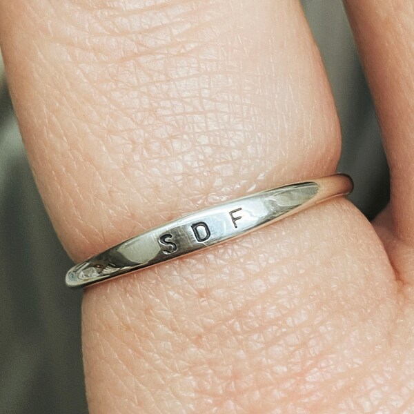 Silver Initial Ring, Stackable Sterling Silver Dainty Band Ring, Personalised Initials Letters ...
