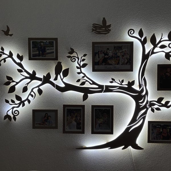 Led Family Tree With Wooden Photo Frames, Wall Light Decor, Wooden Tree ...