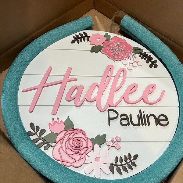Round Floral Shiplap Baby Name Sign for Nursery or Shower Decor Flowers ...