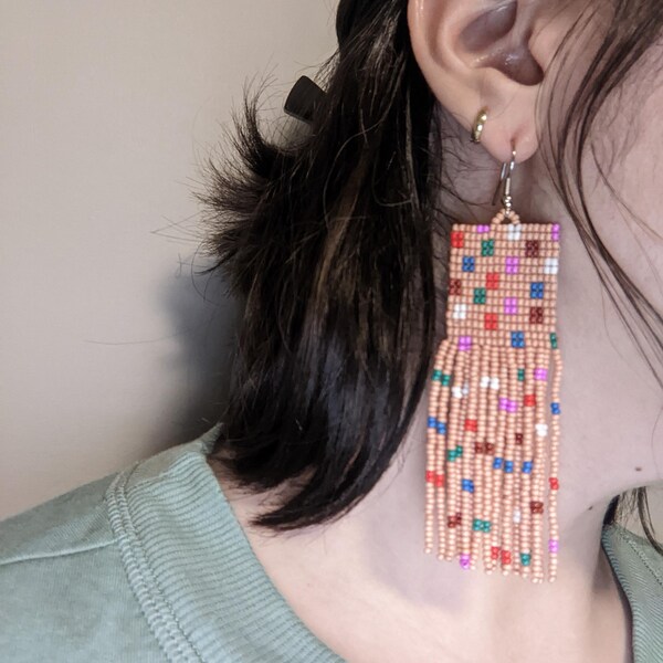 Multicolored Beaded Earrings, Colorful Fringe Earrings, Extra Long ...