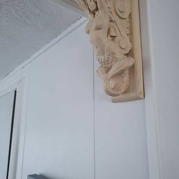 Corbel Mermaid of Wood, Unpainted, Decorative Carved Wooden Corbel, 1pc ...