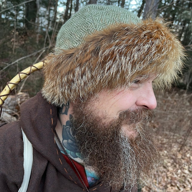 Early Medieval Diamond Wool Round Hat With Red Fox Fur Linen Early Medieval Diamond Wool Round Hat With Red Fox Fur Linen