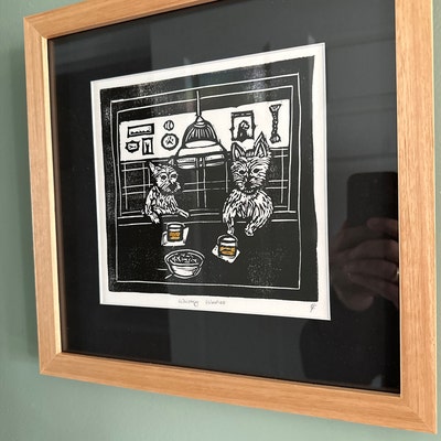 Happy Dingo Modern Fun Linocut Print of Ember, a Dog With a Curly Tail ...