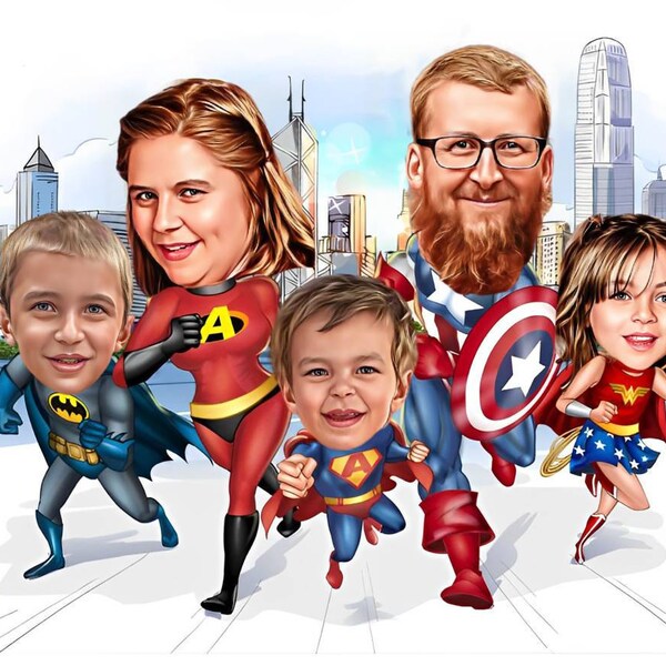 Custom Super Dad and Son Cartoon Portrait, Super Dad Portrait, Dad's ...