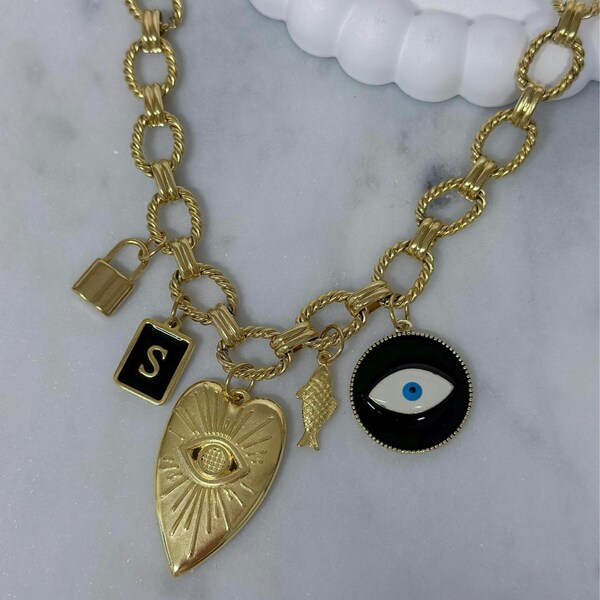 Chunky Charm Necklace, Custom Charm Necklace, Gold Vintage Charm ...