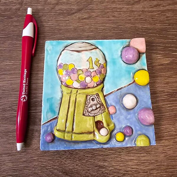 Ceramic Art Tile, RETRO GUMBALL MACHINE, 4x4 Handmade Tile, Vintage ...