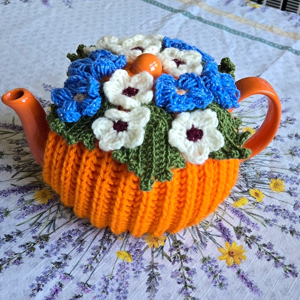 Crochet Red Tea Cozy Blue Yellow Flowers - Knitted Tea Pot Warmer ...