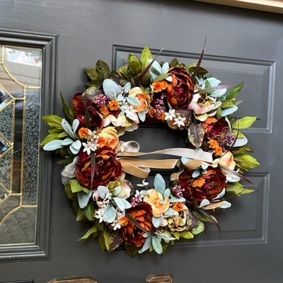Fall Wreath With Sign for Front Door, Rust Leaves Autumn Wreath, White ...