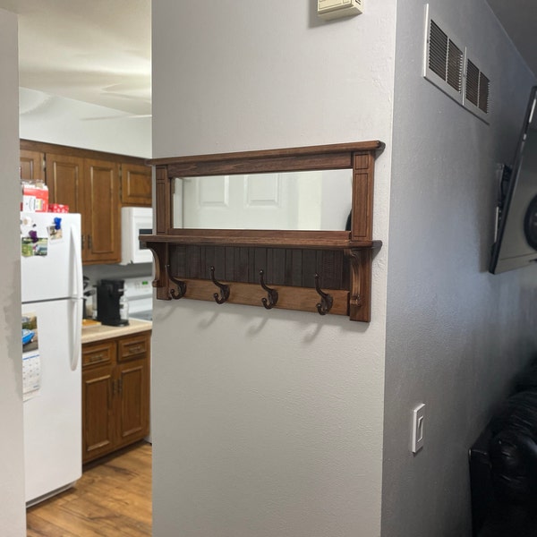 Wall Mirror Shelf & Coat Rack With Hooks Entryway Organization Wooden ...