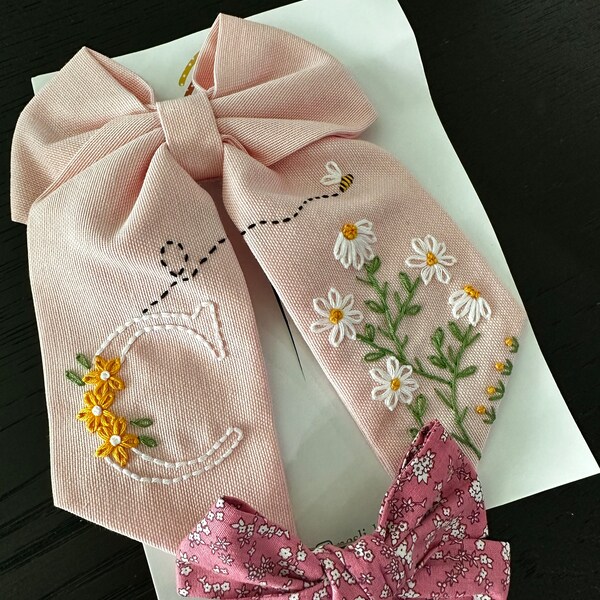 Hand Embroidered Bow, Handmade Hair Clips, Floral Hair Bow, Custom Name ...