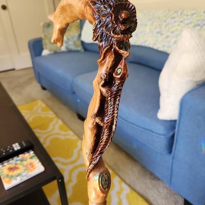 Wood Carved Cane Walking Stick With Ergonomic Handle Egypt Pharaoh ...