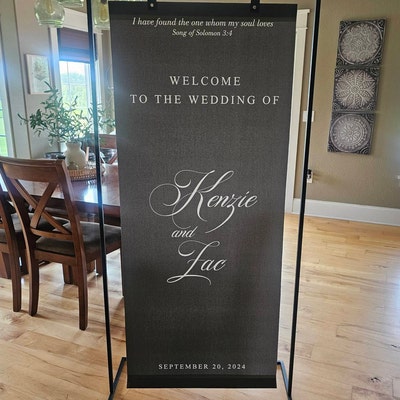Black Curtain Wedding Welcome Sign With Stand, Curtain Print Welcome ...