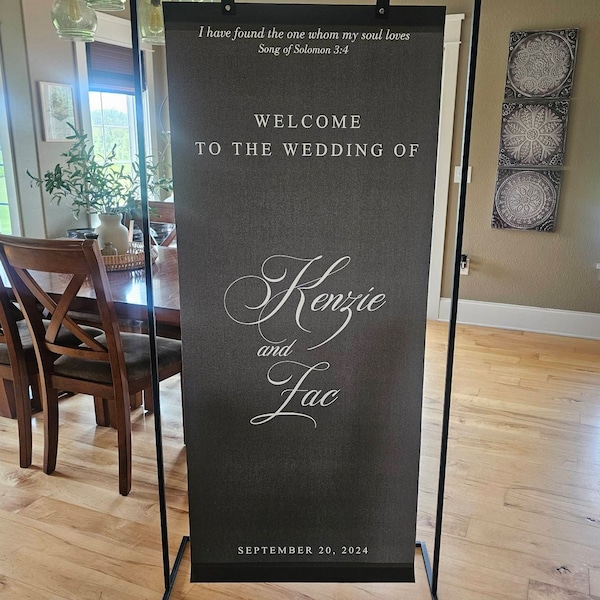 Black Curtain Wedding Welcome Sign With Stand, Curtain Print Welcome ...