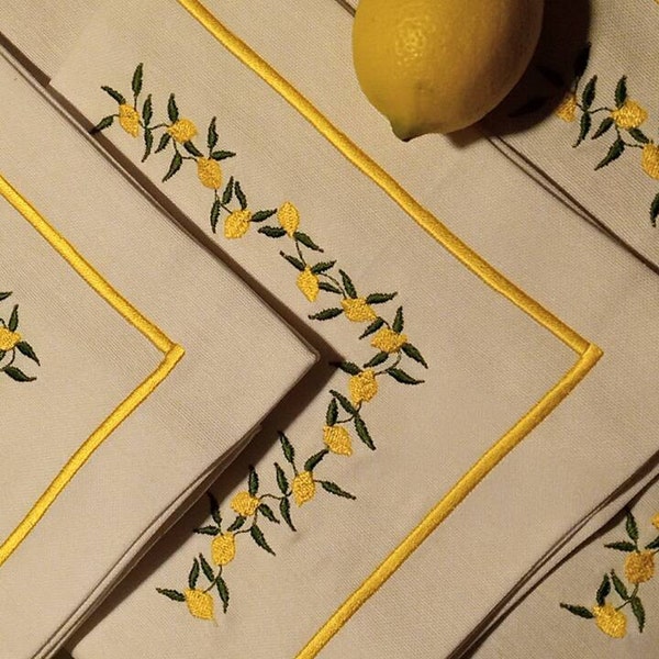 Embroidered Lemon Napkins -mediterranean Charm for Your Table-white ...