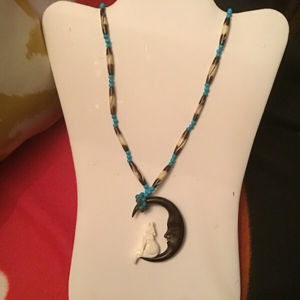 Howling Wolf Inside Crescent Moon, Buffalo Bone and Sono Wood Carving ...