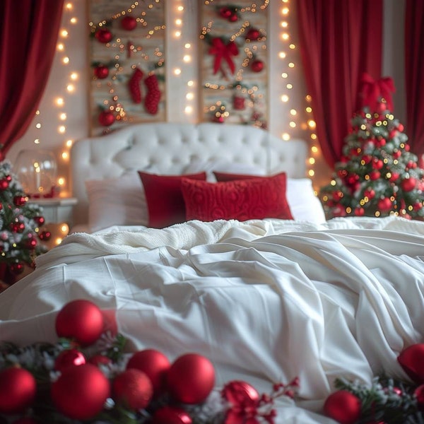 Christmas Digital Backdrop, Xmas Bed, Christmas Tree, Studio Photo ...