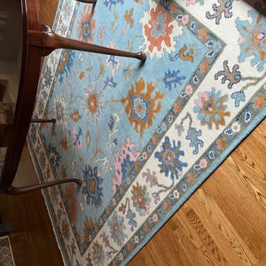 Baby Pink Oushak Rug, Muted Blue-green Turkish Rug, Modern Floral Wool ...