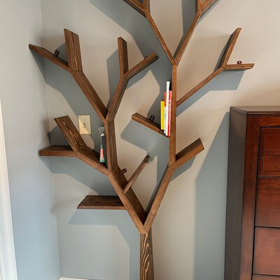 Wood Tree Bookshelves, Live Edge Pine Tree Wall Bookcases, Wooden Book ...