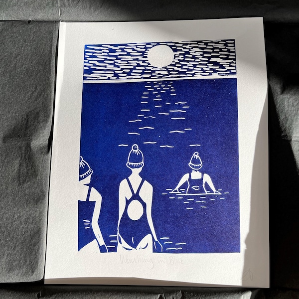 Original Lino Print. Women Sitting on the Beach. Made to Order. Beach ...