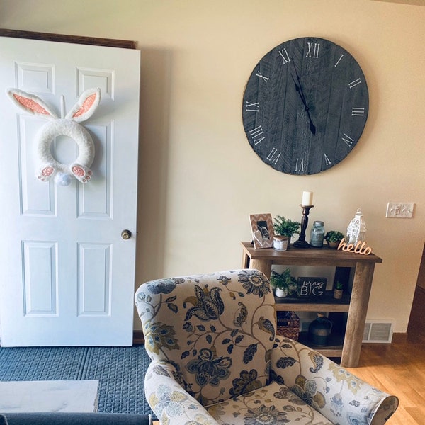 Large Wall Clock / Rustic Grey With Roman Numerals / Made From Rough ...