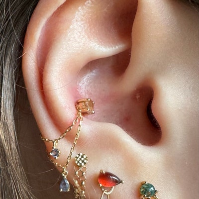 14K Solid Gold Diamond Cut Disc Stud Earring Moss Agate Threadless Push ...
