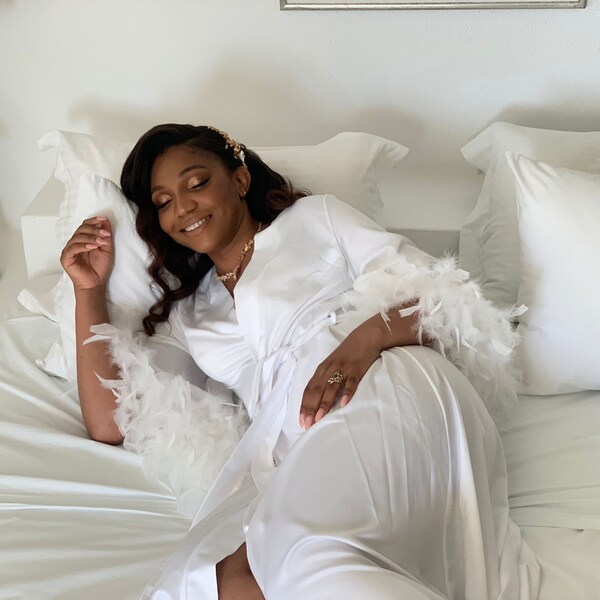 Feather Robe Long, White Boudoir Robe, Kimono Bridal Robe, Floor Length ...