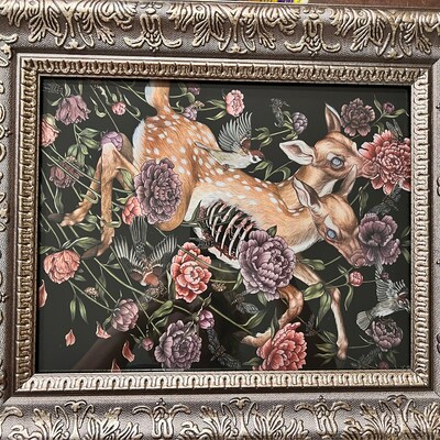 Fawn Deer With Birds and Flowers Gothic Botatnical Art Giclee - Etsy