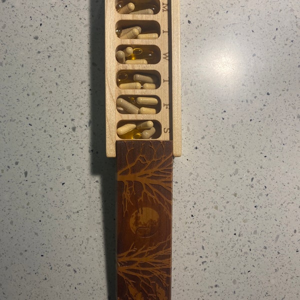 Forest With Moon 7 Day Pill Box, Wooden Pill Box, Lacquer & Oil Finish ...