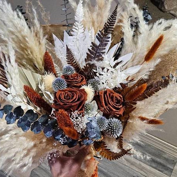 Rust and Dusty Blue Bouquet/ Bride and Bridesmaids/ Dried Flower ...
