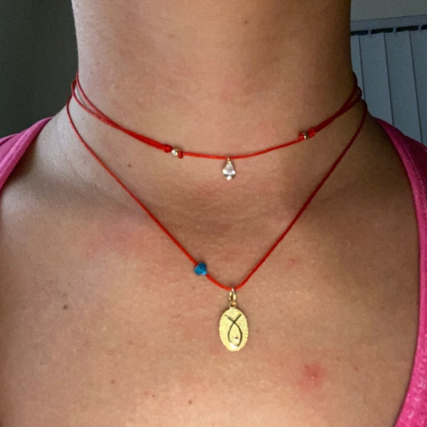 925 Gold Drop Choker, Red String Choker, Protection Jewelry, Kaballah Red Necklace, Red Amulet ...