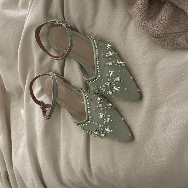 Sage Green Pointed Toe Beaded Party Shoe, Elegant Embroidery Wedding ...