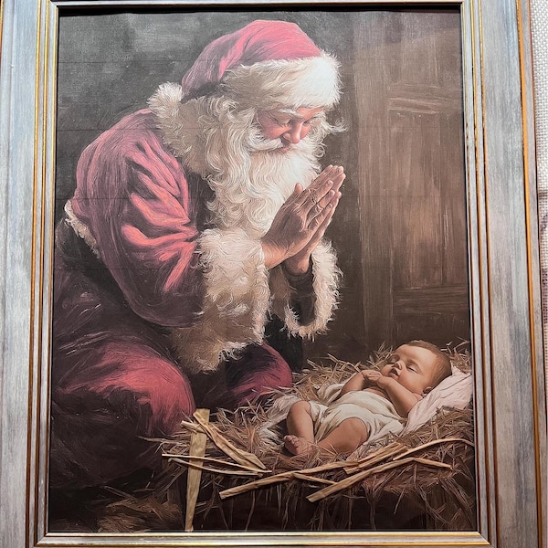 Kneeling Santa Worshipping Baby Jesus in the Manger - Digital Download ...