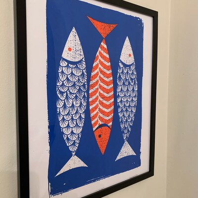 Modern Art Screenprint Scandinavian Style 3 Fish Art Print Indigo Wall ...