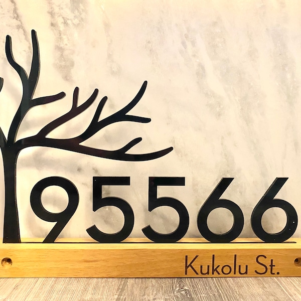 Modern House Numbers - Tree 02 Wooden & Acrylic Signs - African Teak ...