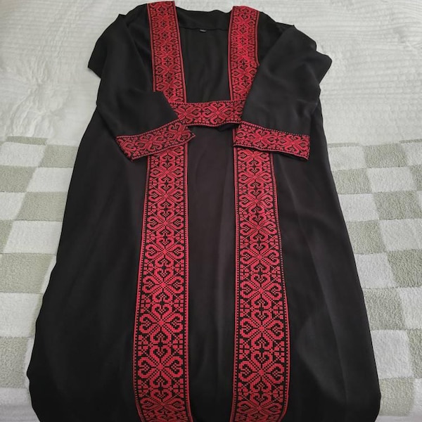 Palestinian Kaftan Thobe Thob Embroidery Black With Red Tatreez Stripes ...