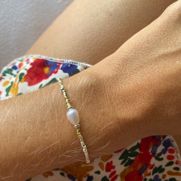 Bracelet fin perle d'eau douce et perles miyuki sur élastique, bracelet ...