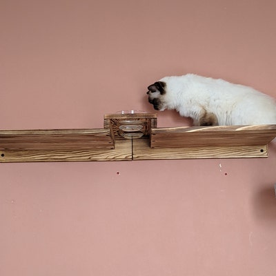 Wall Mounted Wood Cat Feeder Shelves, Cat Feeding Shelf With 2 Bowls ...