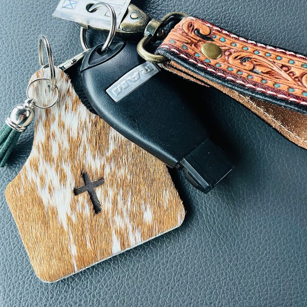 Tooled Leather Tab Key Fob - Etsy
