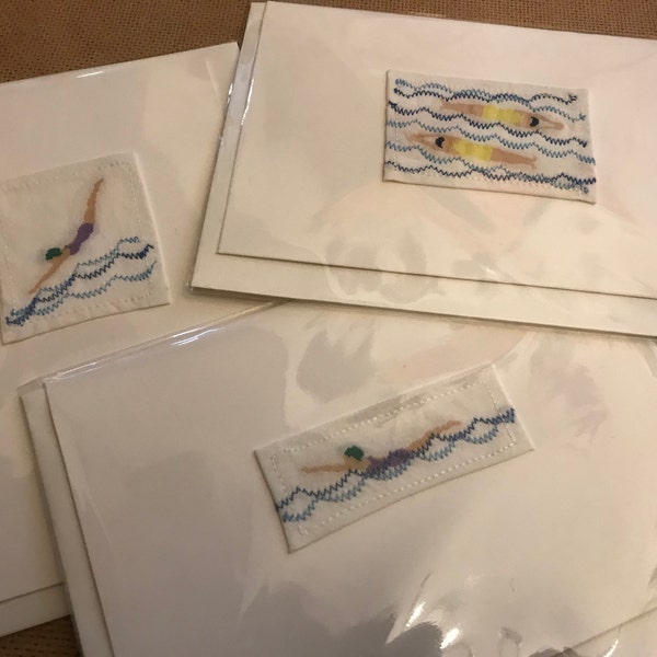 Swimmer Card, Diver Card, Embroidered Card, Female Swimmer Card, Sea ...