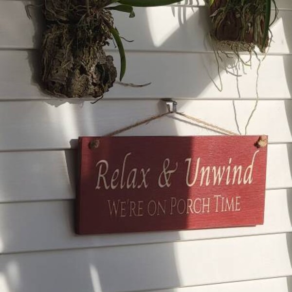 Relax & Unwind We’re on Patio Time Hanging Wood Sign | Outdoor Sign ...