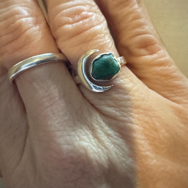Natural Raw Emerald Ring, Sterling Silver Ring, Crescent Moon Ring ...