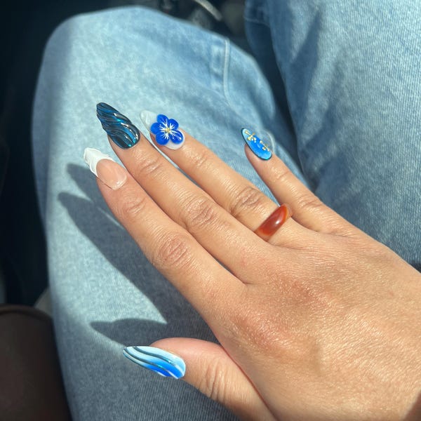 3D Flower With Seashell French Tip Long Almond Press on Nails, Unique ...