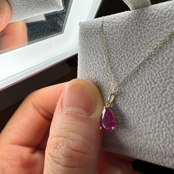 14K Solid Gold Ruby Pear Cut Necklace. Teardrop Ruby Necklace. Dainty Gold Ruby Necklace. - Etsy