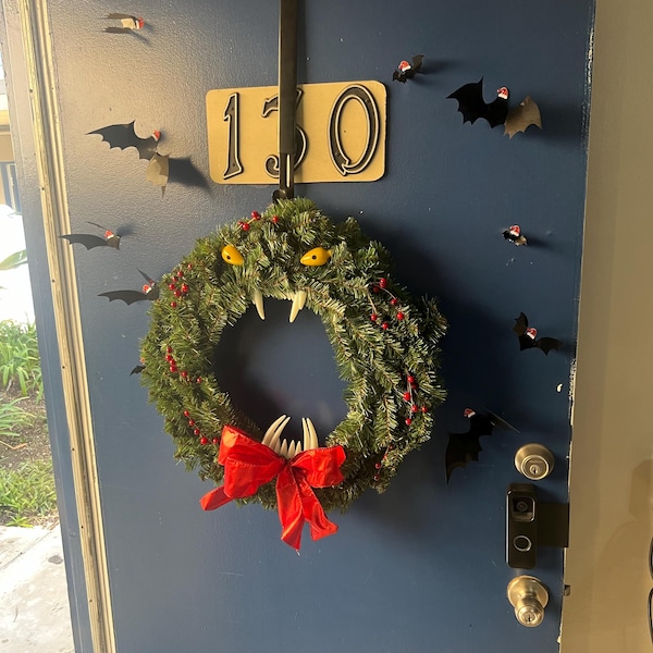 Monster Eating Creepmas Front Door Wreath With Lights, Fang Spookmas ...