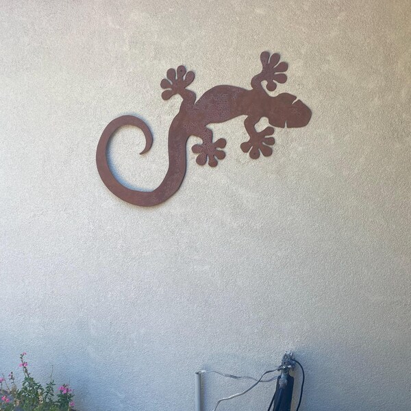 Iron Gecko Lizard | Metal Wall Art ~ Cactus Garden Decor Flat Rusted ...