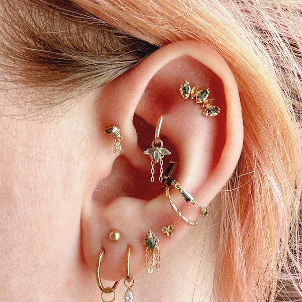 14K Solid Gold Moss Agate Teardrop Rook Earring Oval Shape Rook Earring ...