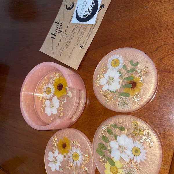 Rose Gold & Floral | Resin Flower Coasters With Caddy - Etsy