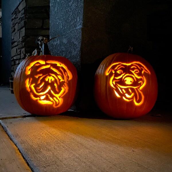 Printable Pumpkin Carving Pattern: Pit Bull, American Bulldog, Happy ...