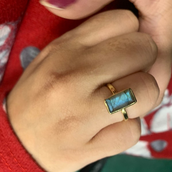 Rainbow Labradorite Ring ~ Rectangular Stone~ Gemstone ~ Natural ~ 18k ...